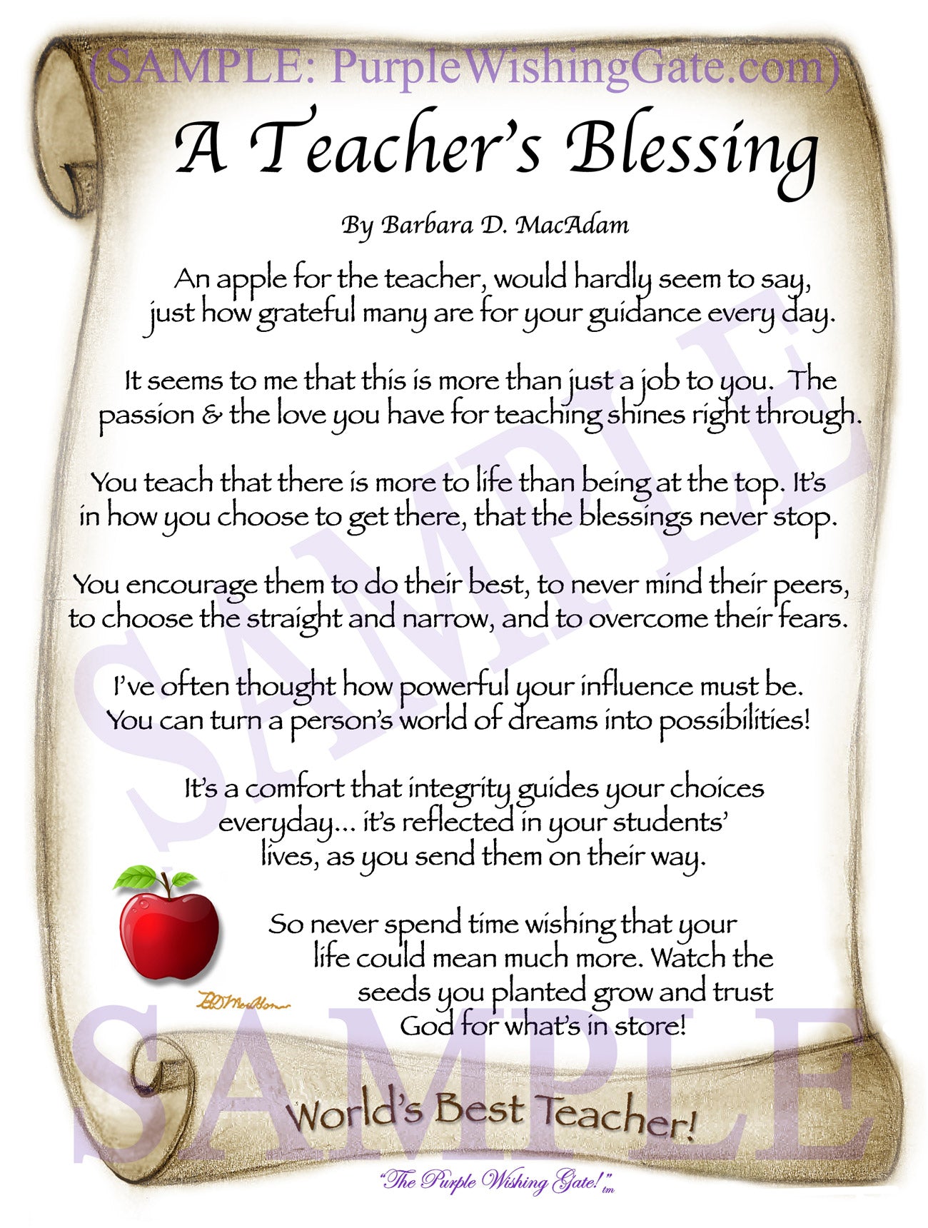 A Teacher's Blessing: Personalized, Framed Gift – Purple Wishing Gate